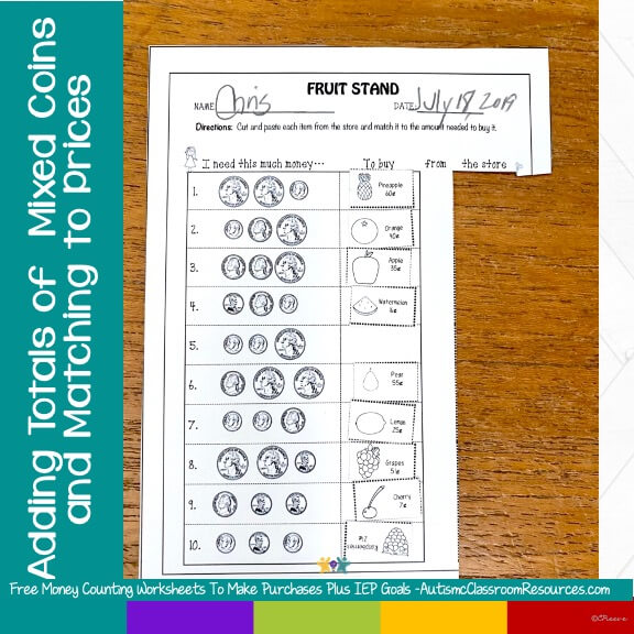 Free Money Counting Worksheets To Make Purchases Plus IEP Goals 