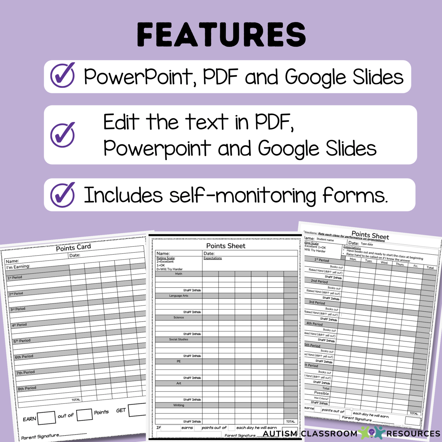 Behavior Self-Monitoring and Point System Sheets - Behavior Support for ...